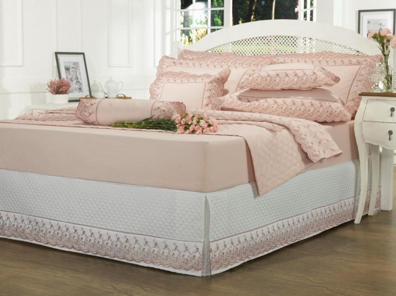 Saia para cama Box Matelassada com Bordado Inglês Solteiro - Florata Branco e Rosa Velho - Dui ...
