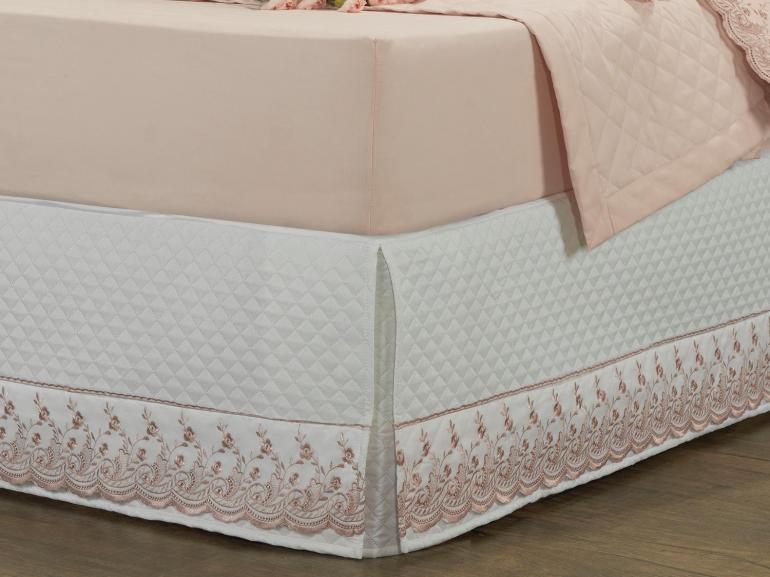 Saia para cama Box Matelassada com Bordado Inglês Solteiro - Florata Branco e Rosa Velho - Dui ...